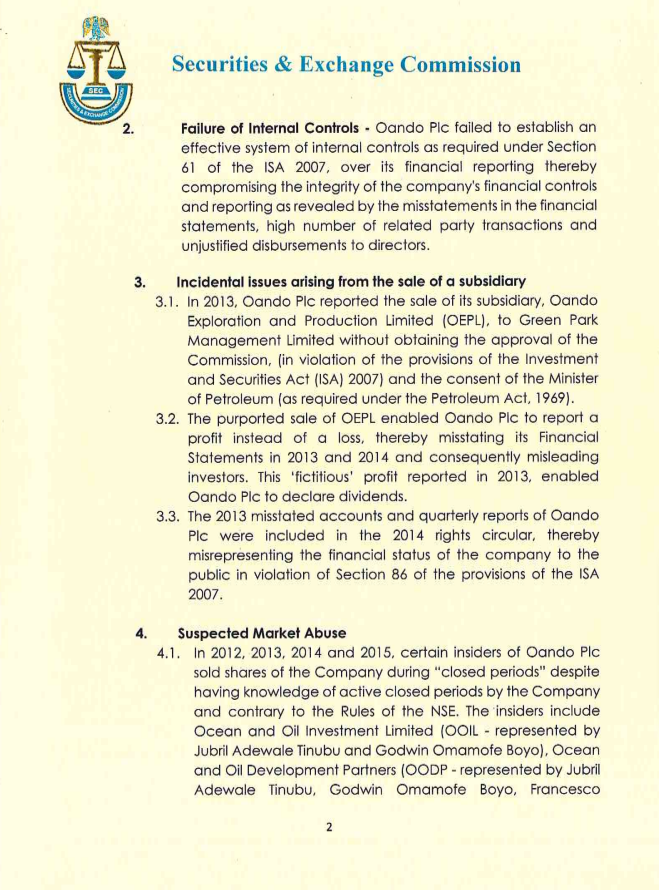 The Full Details Of SEC’s Sanction Of OANDO’s CEO Wale Tinubu, Deputy ...